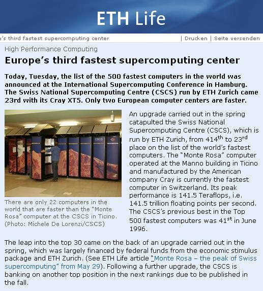 ETH Life reports on CSCS: The third fastest supercomputing centre in Europe